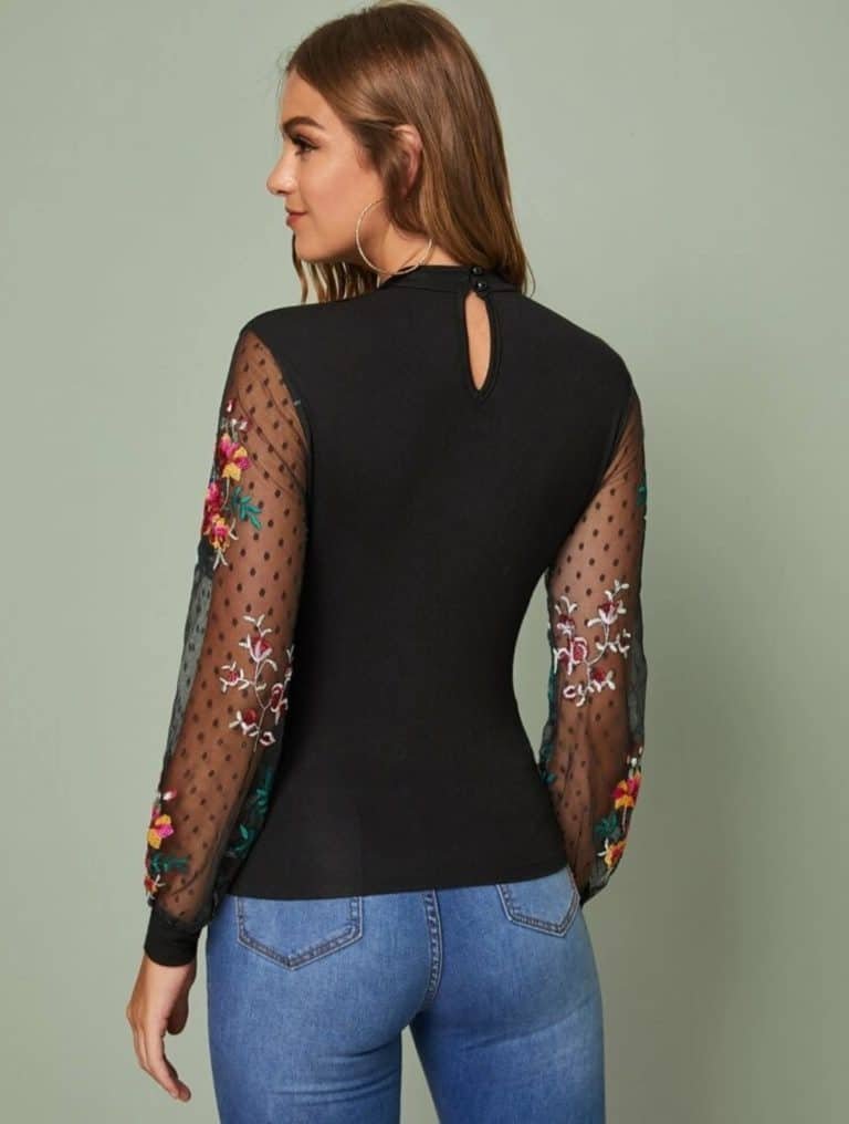 Keyhole Front Embroidery Mesh Sleeve Tee ⋆ Women's Store