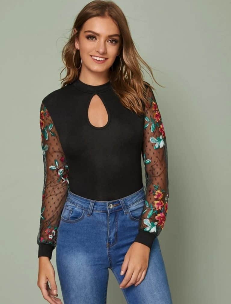Keyhole Front Embroidery Mesh Sleeve Tee ⋆ Women's Store