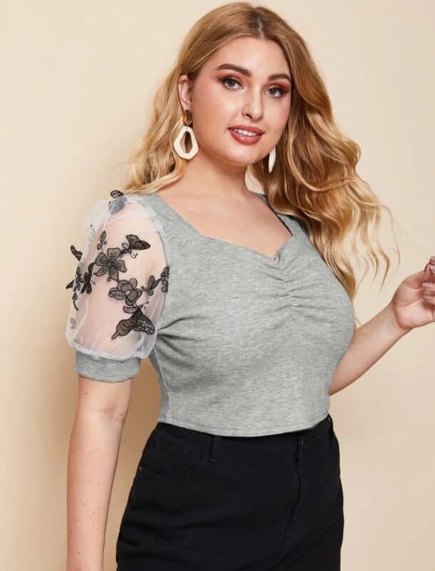 Plus Sweetheart Neck Embroidery Mesh Panel Top ⋆ Women's Store