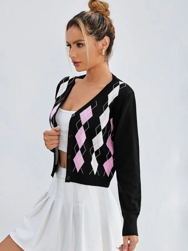Shein Argyle Pattern Button Front Crop Cardigan ⋆ Womens Store