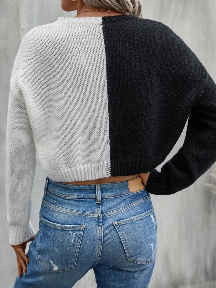 Two Tone Drop Shoulder Crop Sweater ⋆ Women's Store
