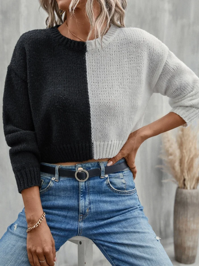 Two Tone Drop Shoulder Crop Sweater ⋆ Women's Store