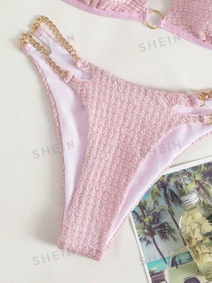 SHEIN Swim Textured Bikini Set Chain Linked Halter Triangle Bra Top ...